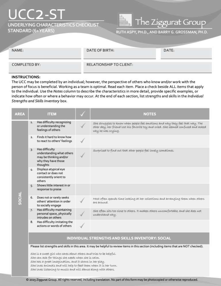 Underlying Characteristics Checklist - UCC2-Standard (UCC2-ST) - Autism ...